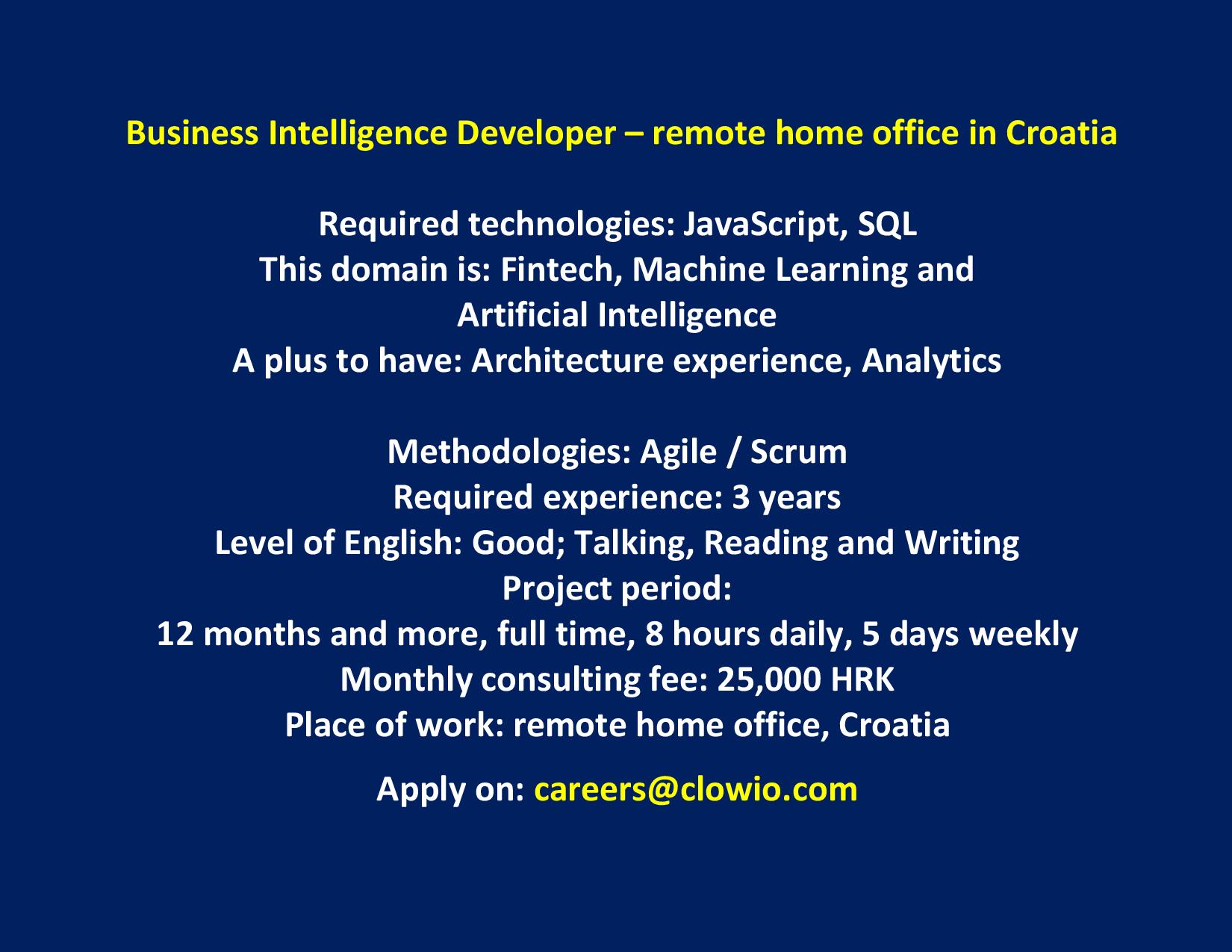 Business Intelligence Developer – remote home office in Croatia – Clowio